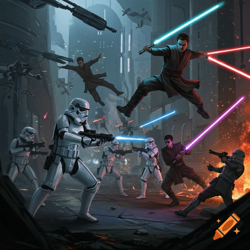 Animated monkey-like Jedi fights stylized stormtroopers in a desert ...