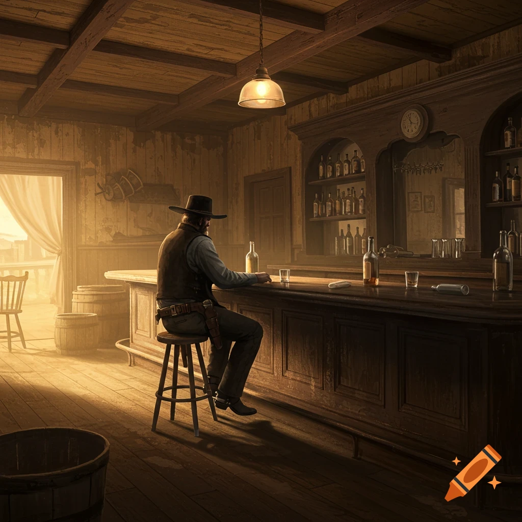 Old western saloon with cowboy at the counter on Craiyon