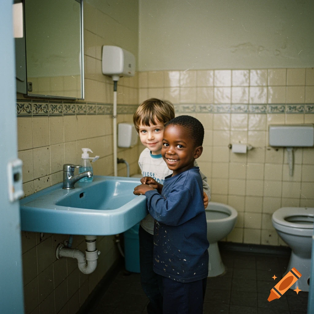 Russian boy with African friend in orphanage bathroom, 90s Kodak photo ...