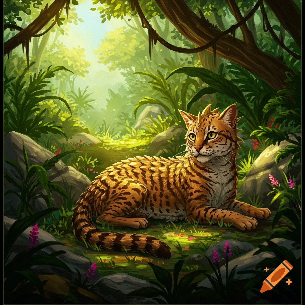 A brown cat sits in a forest clearing with light filtering through the ...