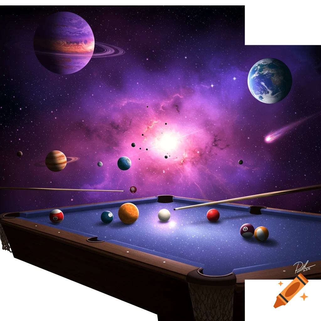 A billiard table in space with planets and stars. on Craiyon