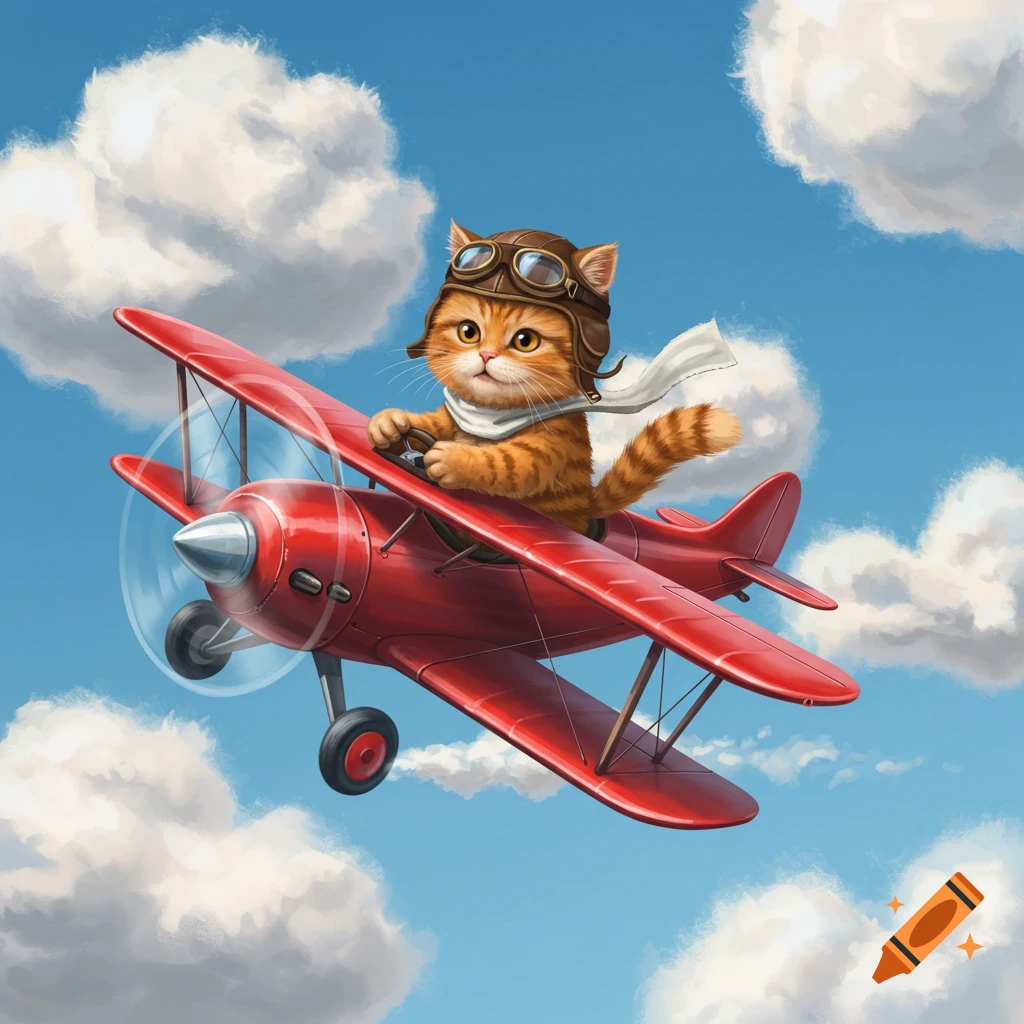 Cartoon black and white cat flying a vintage biplane through clouds. on ...