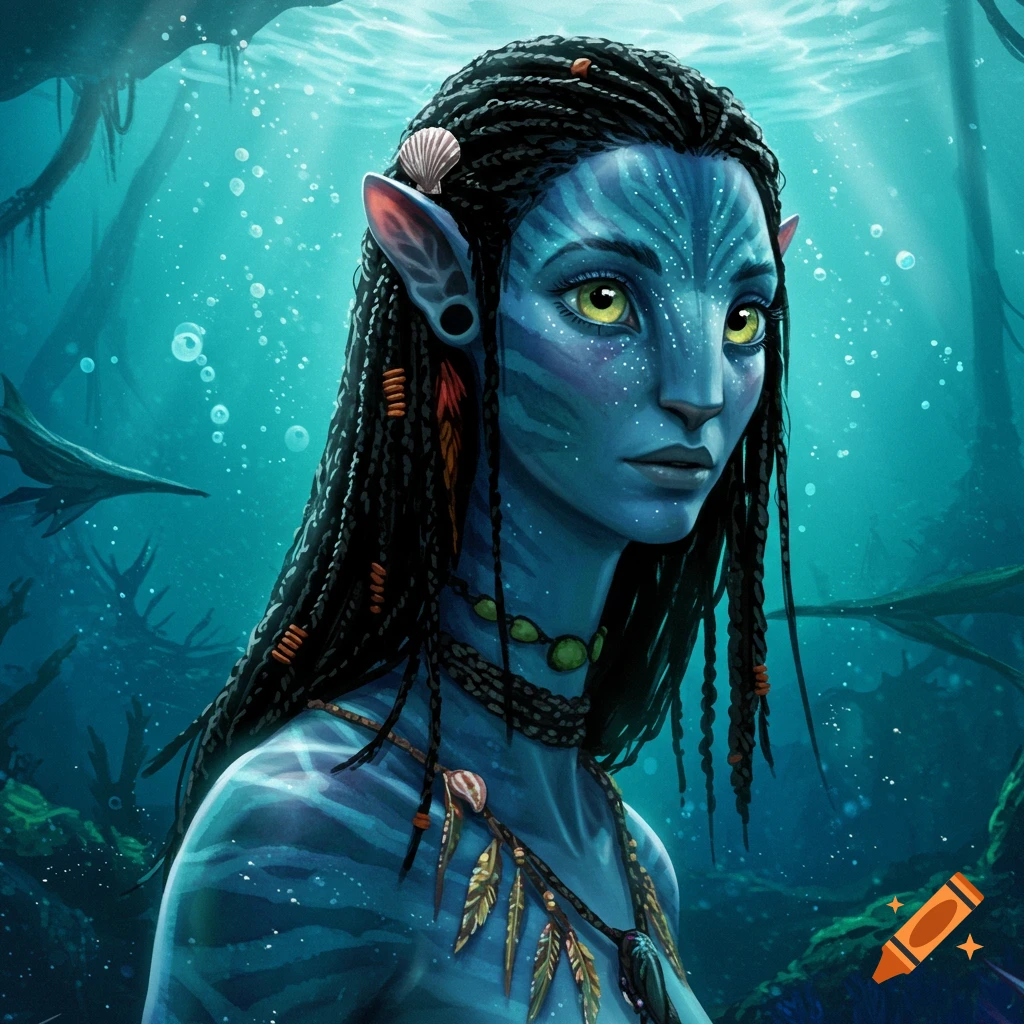 A blue-skinned Na'vi female character with braided hair, underwater on ...