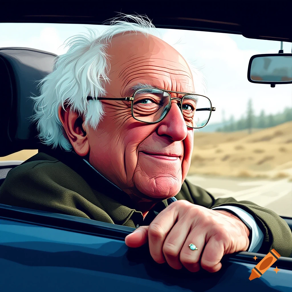 Bernie Sanders driving a car down a winding road, stylized illustration ...