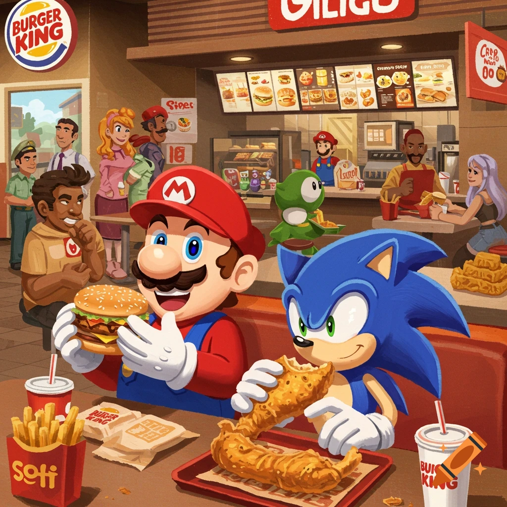 Mario and Sonic at Burger King on Craiyon