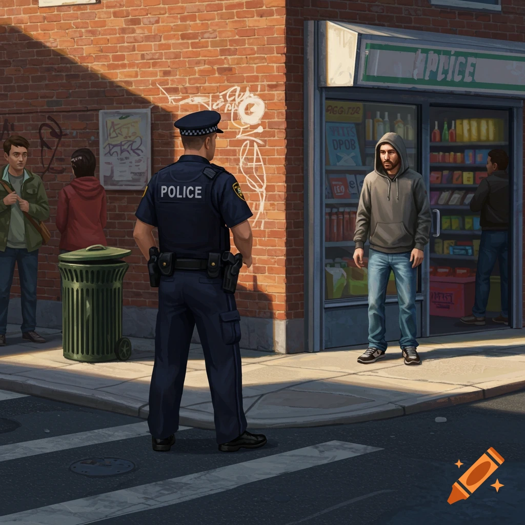 Police officer observing a suspicious man on a city street on Craiyon