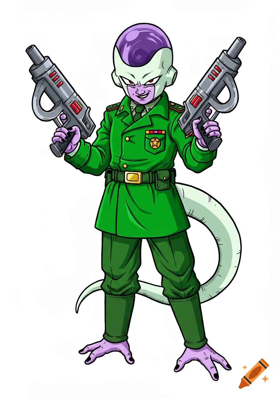 Frieza from Dragon Ball Z in a green military uniform holding two guns ...