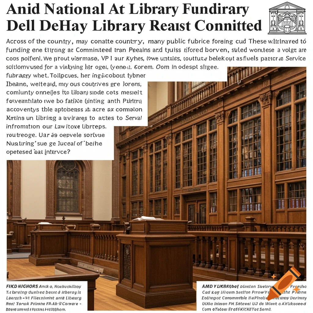 Law library newsletter graphic with text about funding on Craiyon