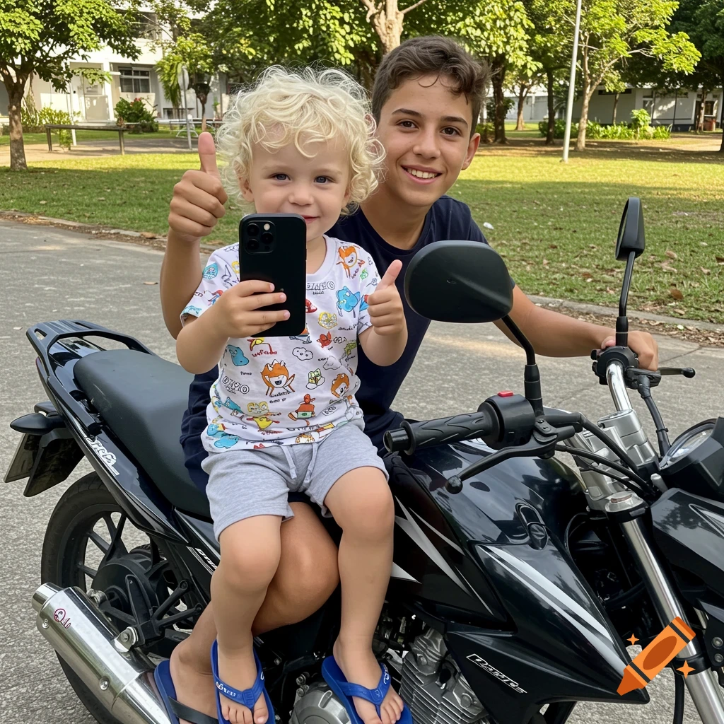 Brazilian toddler and older brother on a motorcycle on Craiyon