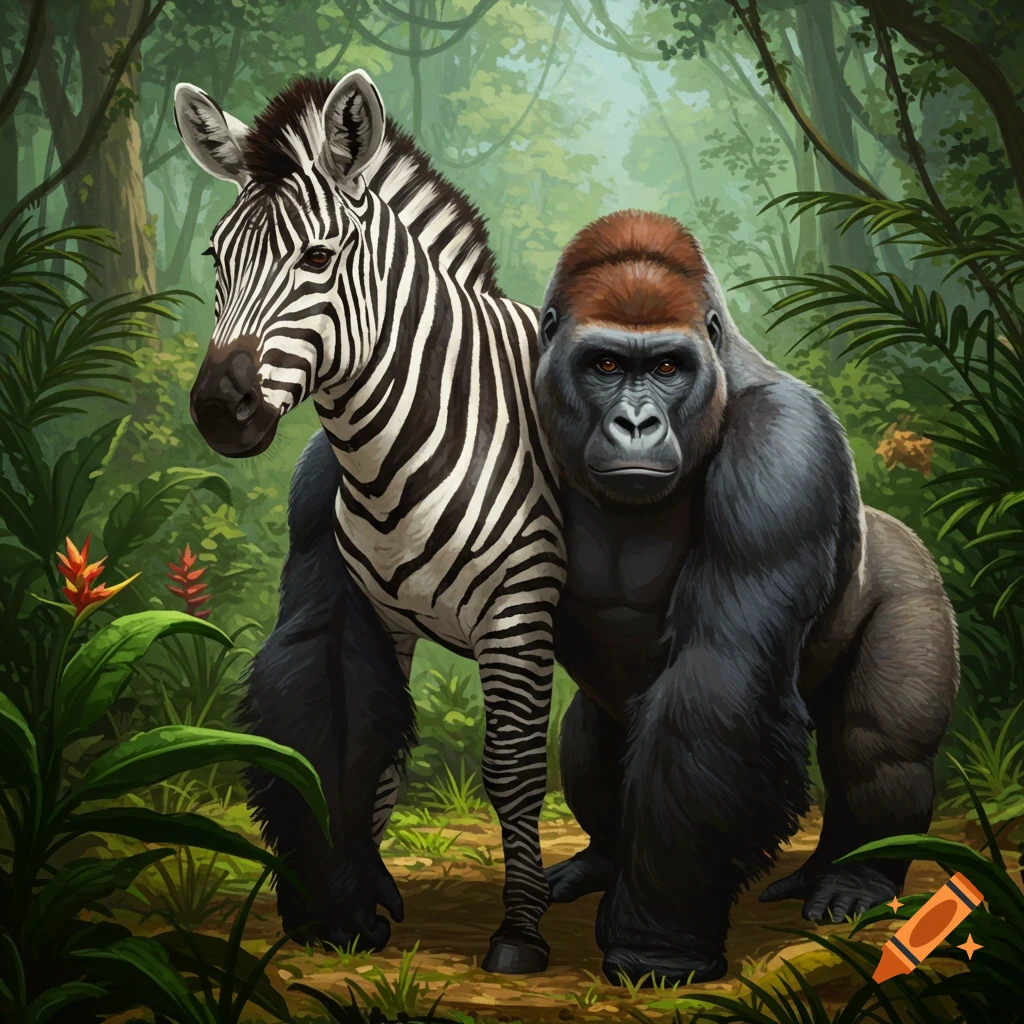 A creature combining a zebra body and a gorilla head and arms in a ...
