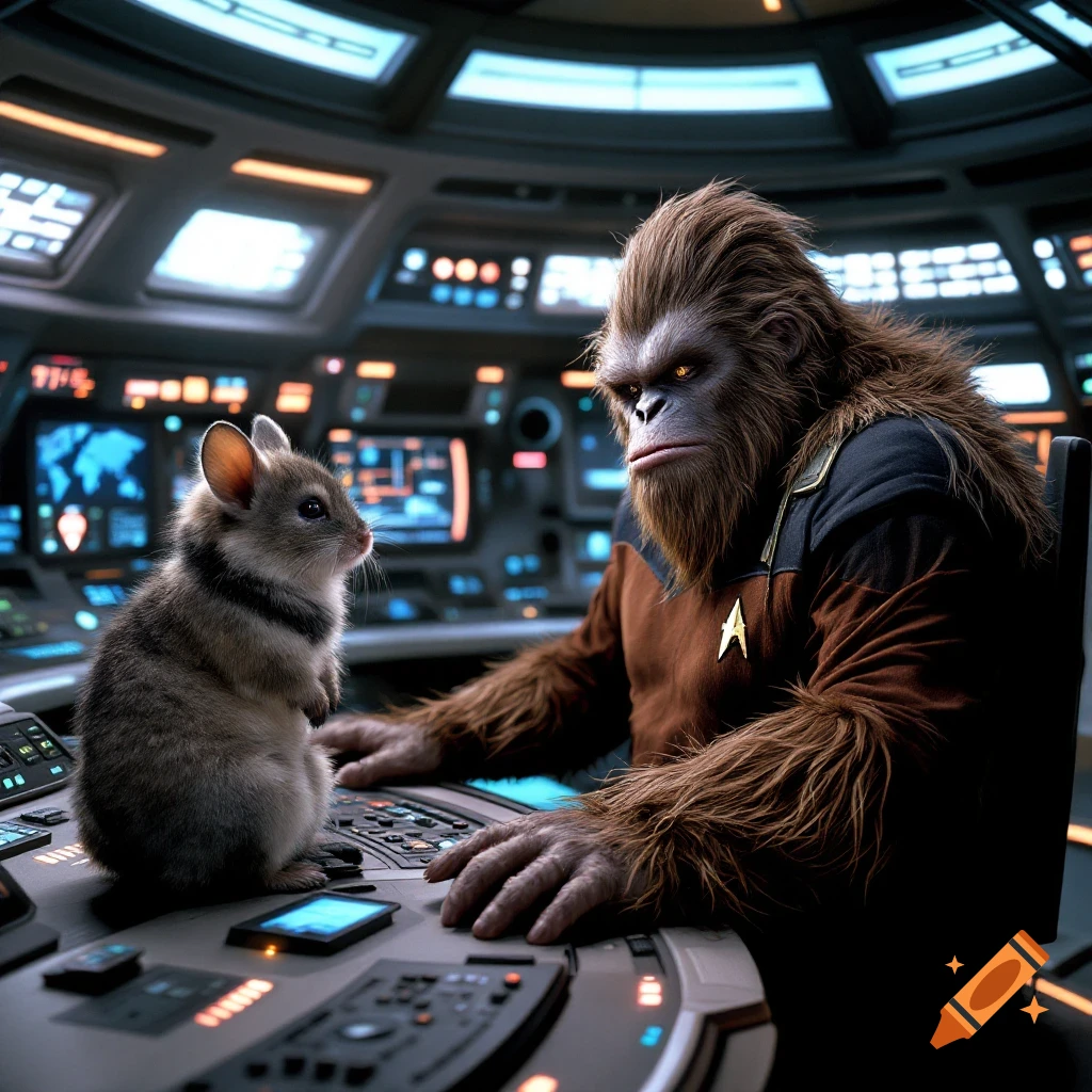 Photorealistic Bigfoot in Starfleet uniform at Star Trek command console with chinchilla on Craiyon