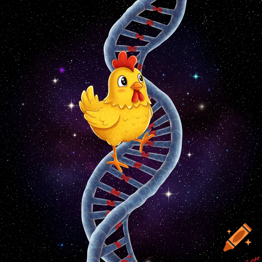 Chicken walking up a DNA strand with stars on Craiyon