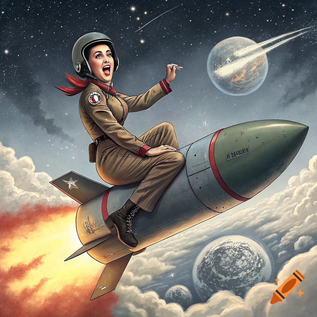 A surreal airplane with a human head in the cockpit area flies through ...