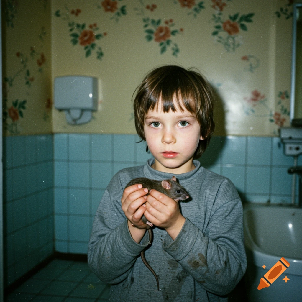 Russian boy holding a rat in an orphanage bathroom, 90s Kodak photo on ...