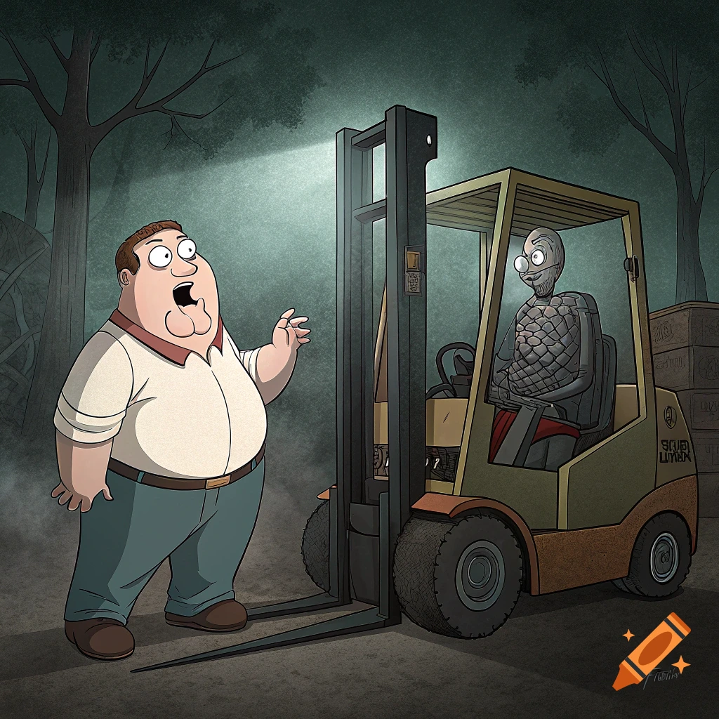 Peter Griffin in horror staring at a forklift with a robot on Craiyon