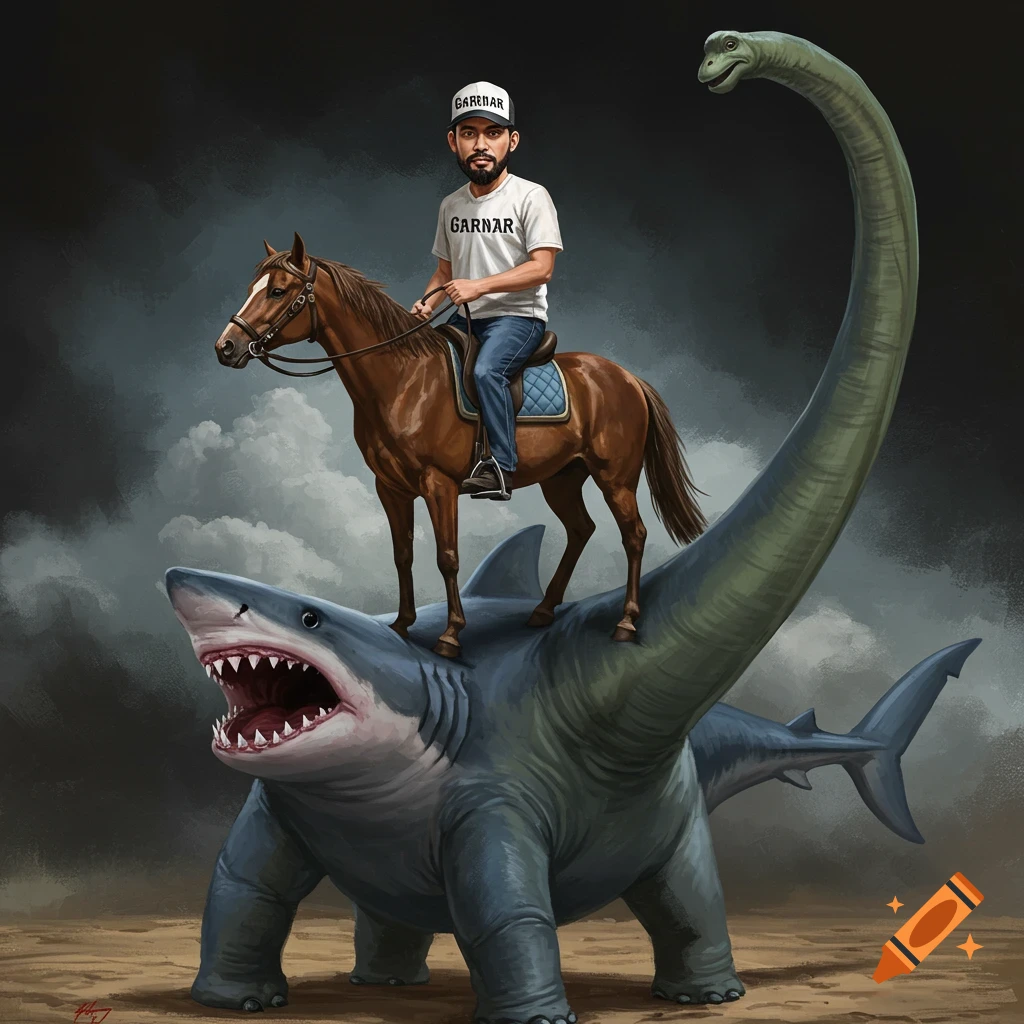 Man in a Garnar cap riding horse, shark, brontosaurus on Craiyon