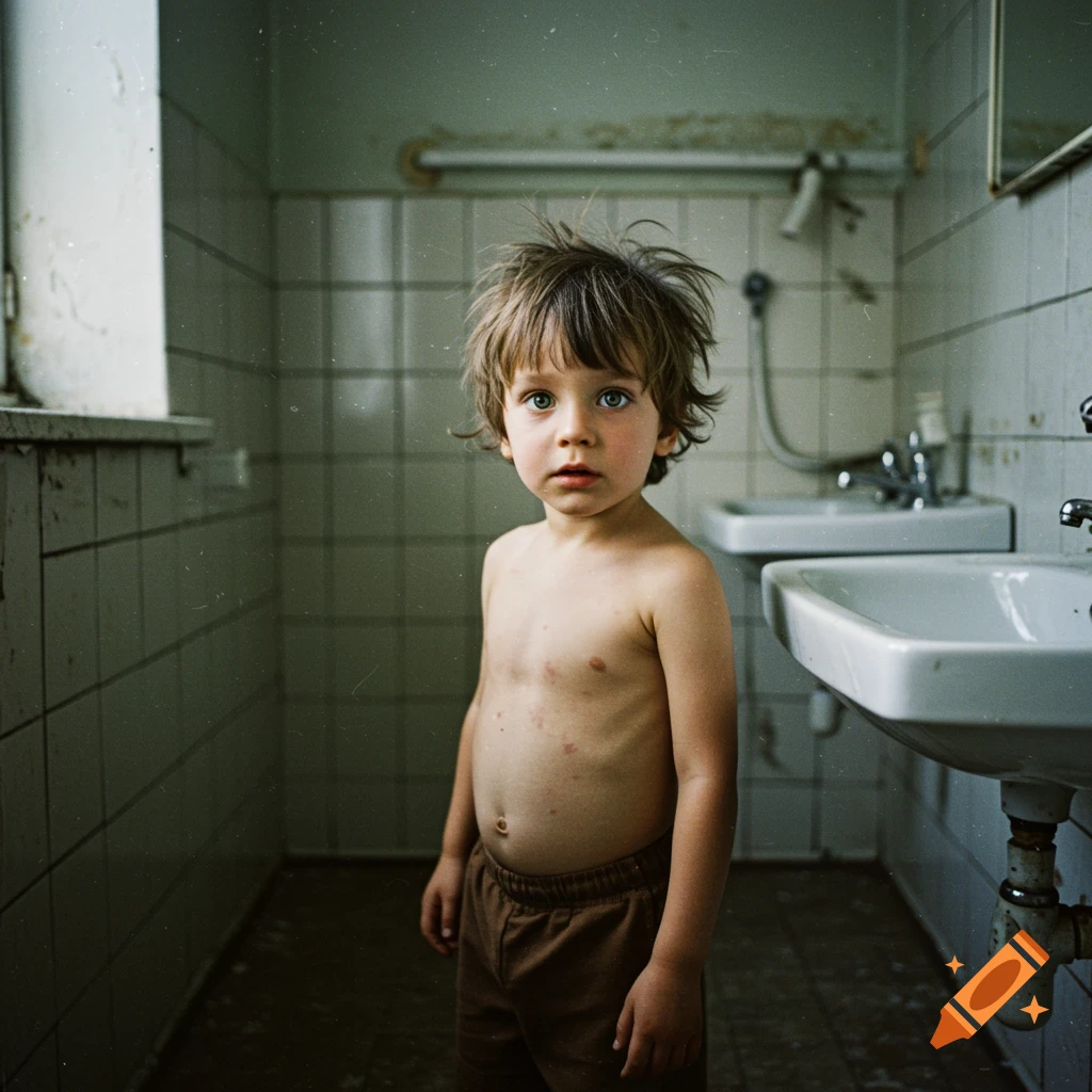 Russian boy in orphanage bathroom, 90s Kodak photo on Craiyon
