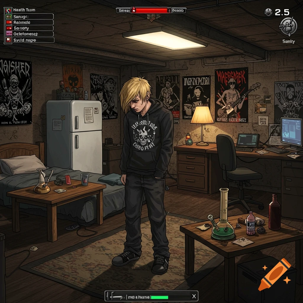 Depressed blonde emo man in basement, PS2 art style with health and ...