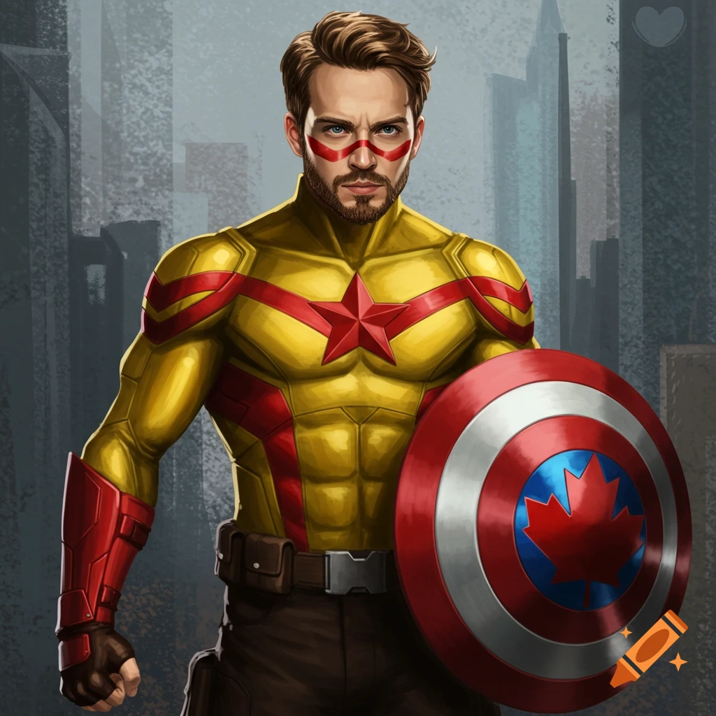 Canadian Captain America with maple leaf shield in red and yellow suit ...