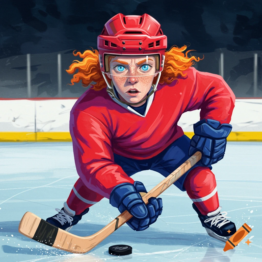 Anime style pin-up girl playing ice hockey on a rink on Craiyon