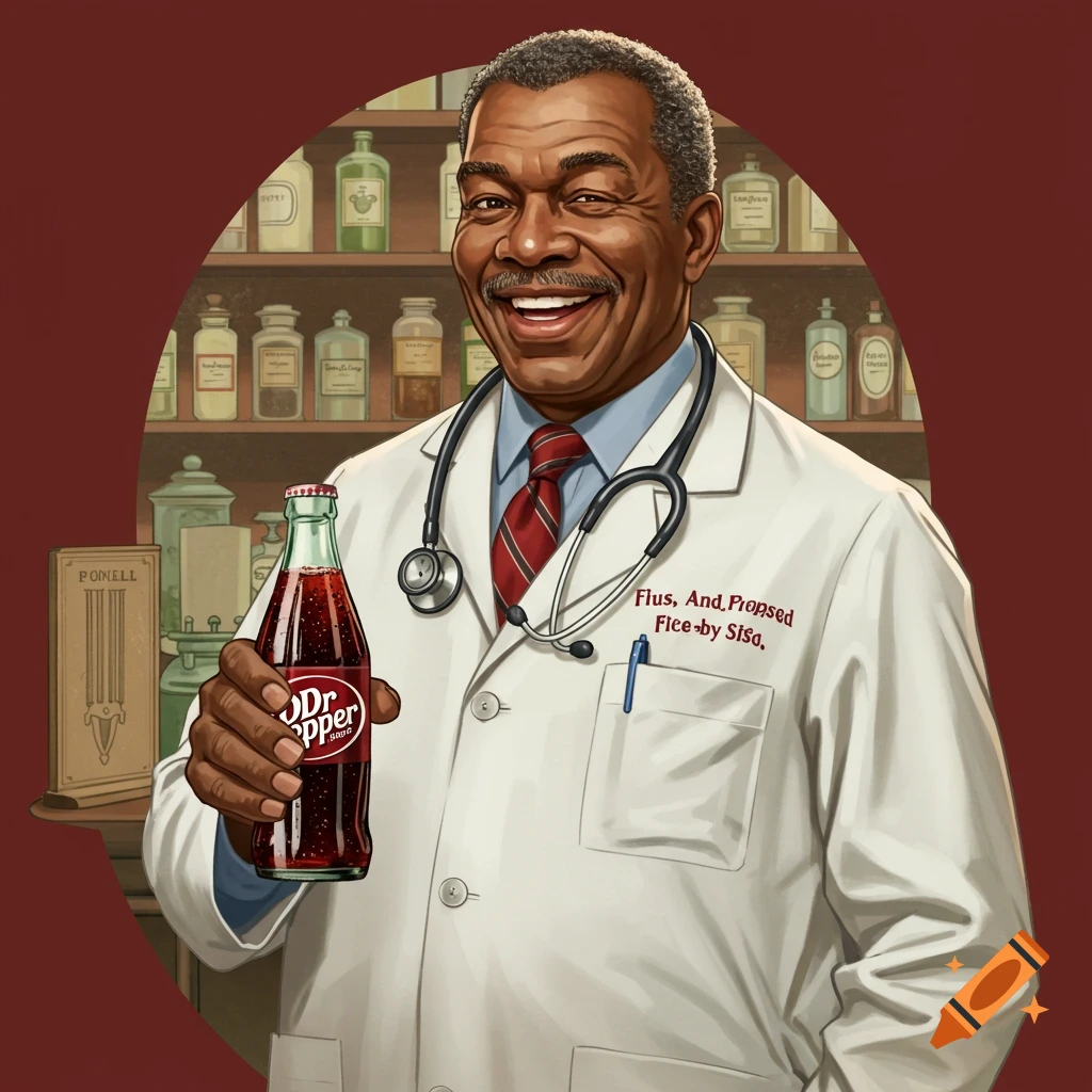 A smiling doctor in a lab coat is holding a bottle of Dr Pepper soda in ...