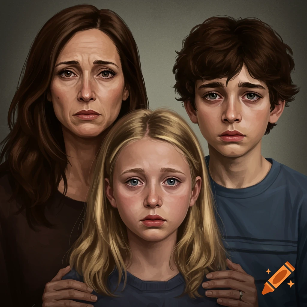 Scared family of three: mother, daughter, and son on Craiyon