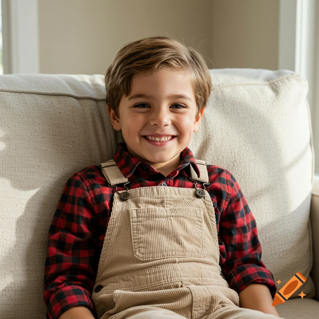 Smiling boy with light brown hair in plaid shirt and overalls sitting on couch on Craiyon