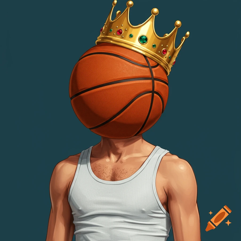 A person with a basketball head wears a crown and tank top. on Craiyon