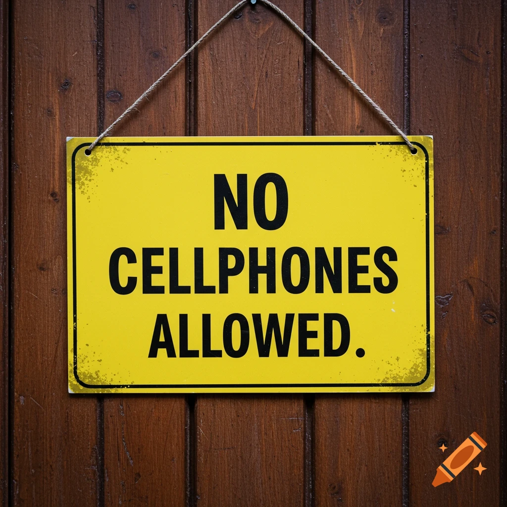 A yellow sign on a brown wooden door reads NO CELLPHONES ALLOWED in ...