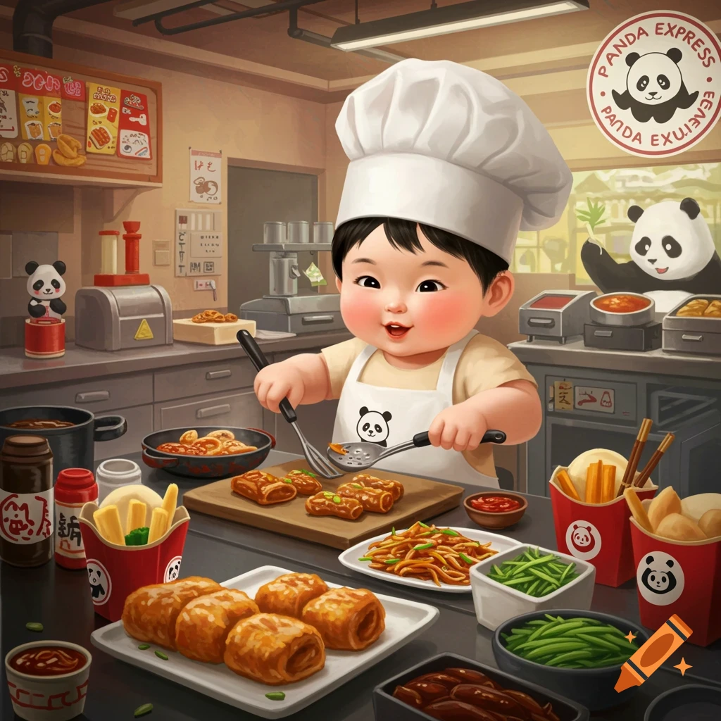 Cartoon baby chef cooks food in a kitchen with pandas. on Craiyon