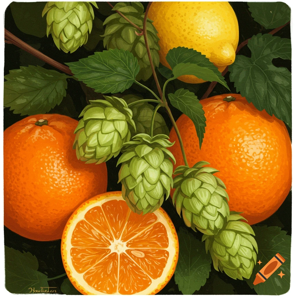 A composition of hops, oranges, and a lemon. on Craiyon