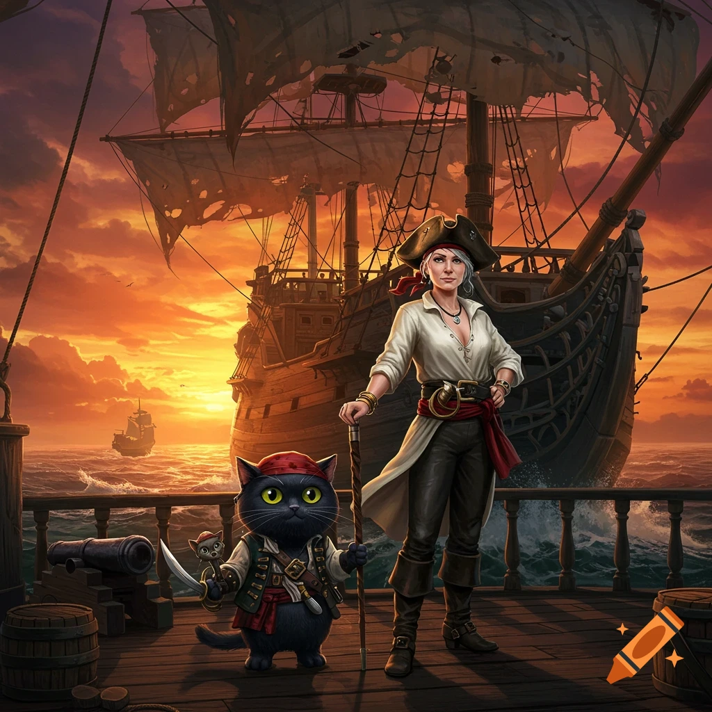 Cat and woman dressed as pirates on a ship on Craiyon