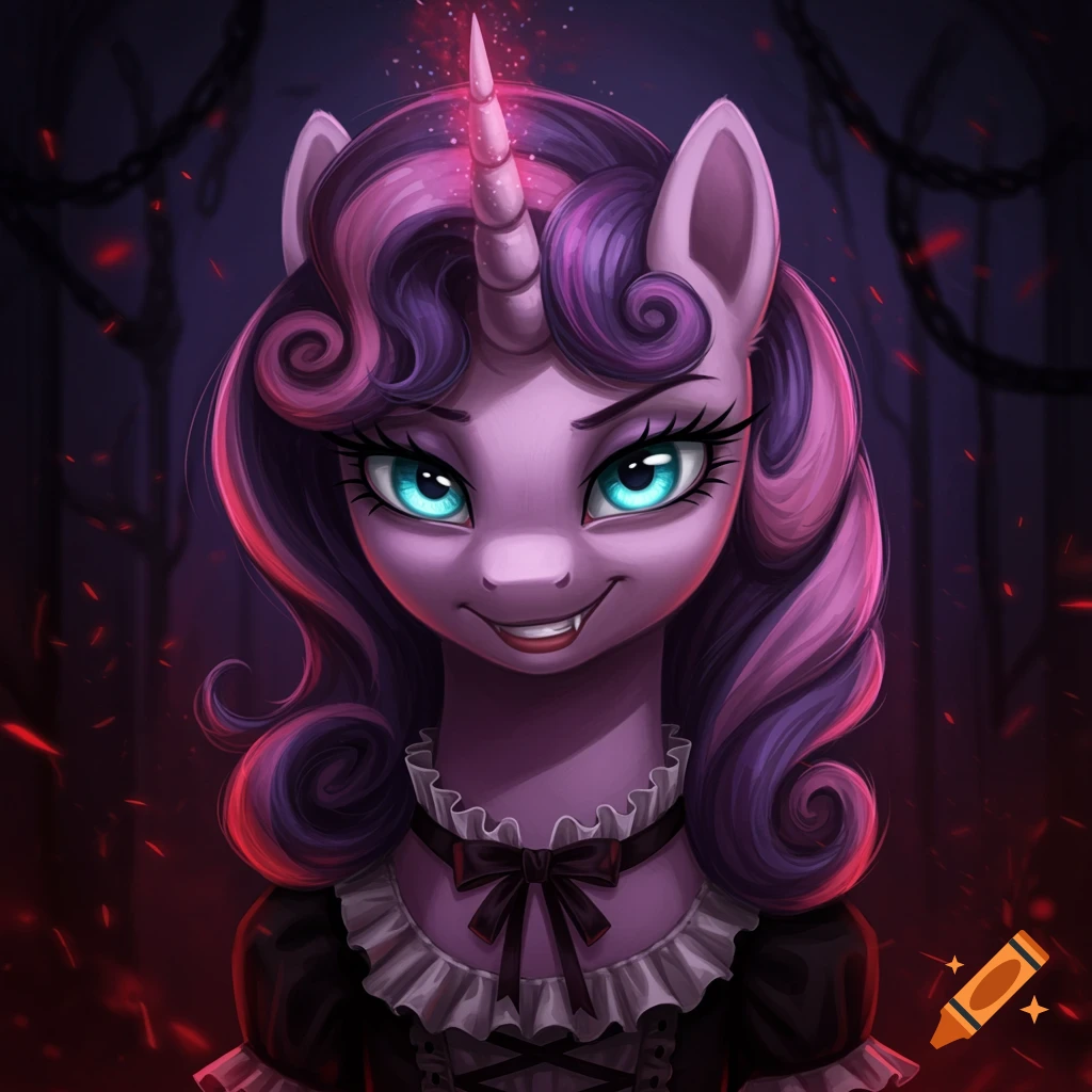 Humanized Rarity in a gothic vampire dress stands beside humanized ...