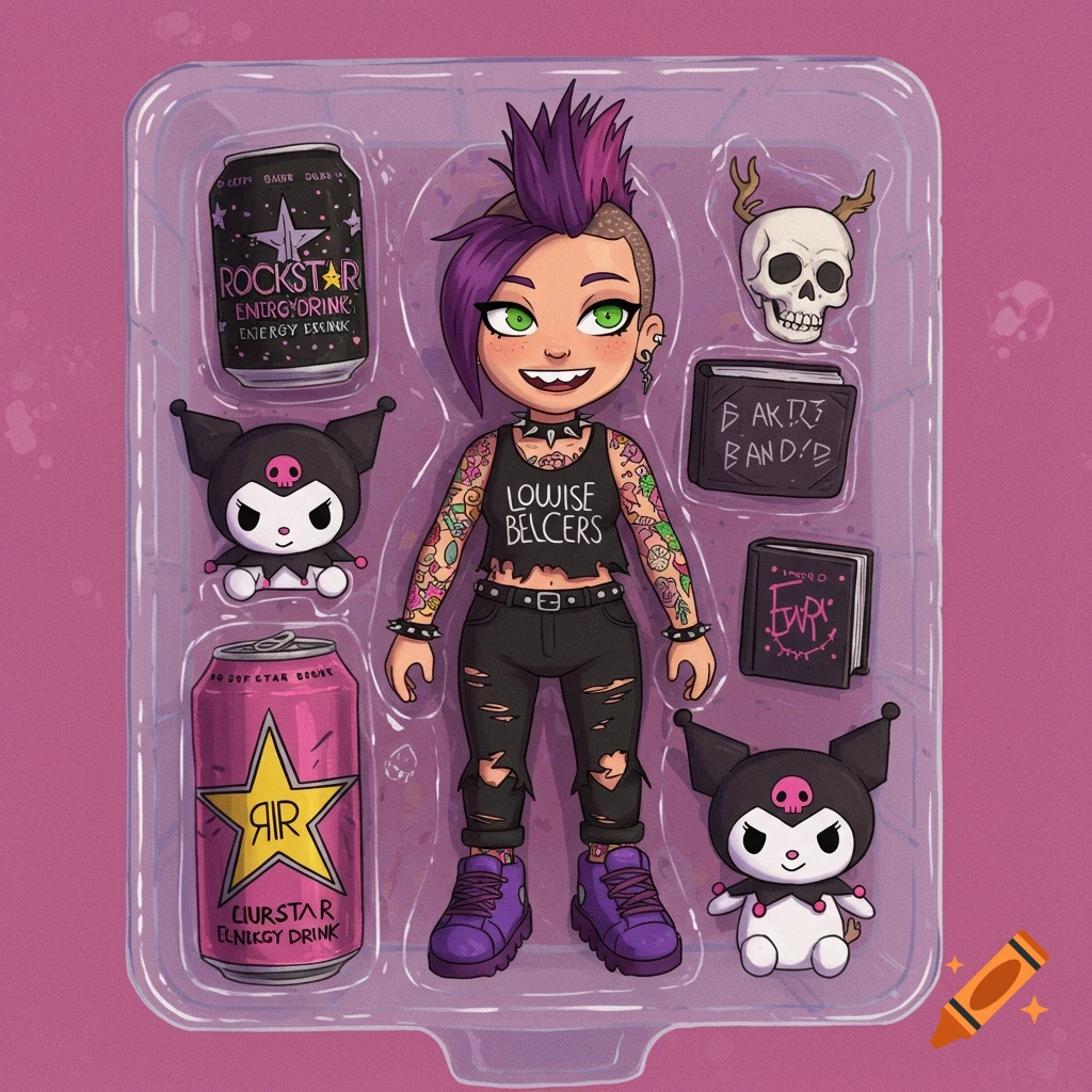 Collectible action figure Christy with tattoos and purple mohawk on Craiyon
