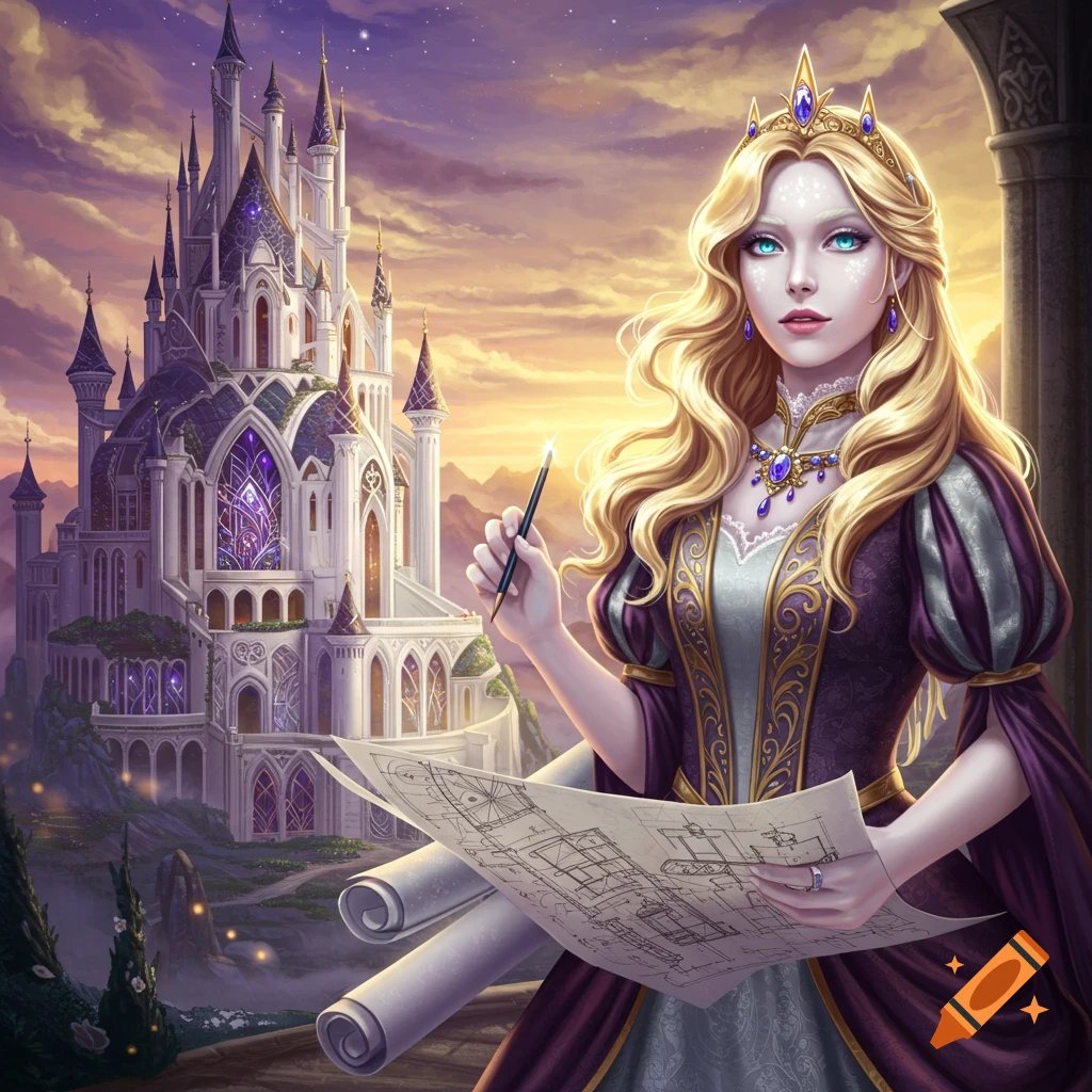 A blonde princess in a purple dress holds architectural blueprints in ...