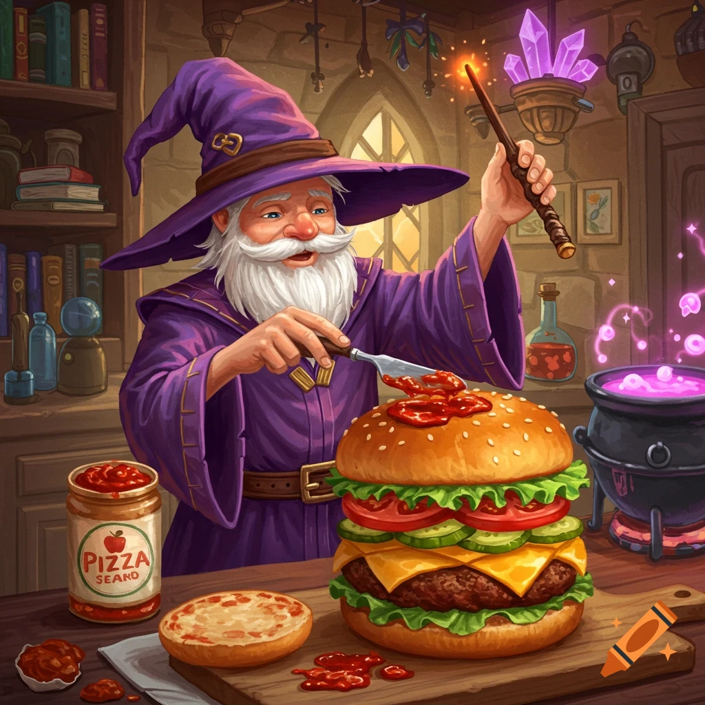 A wizard is using magic to add pizza sauce to a large burger. on Craiyon
