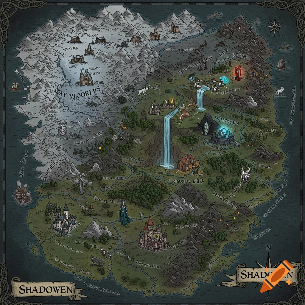 Modern fantasy map of Shadowfen with wolves, vampires, witches, and ...