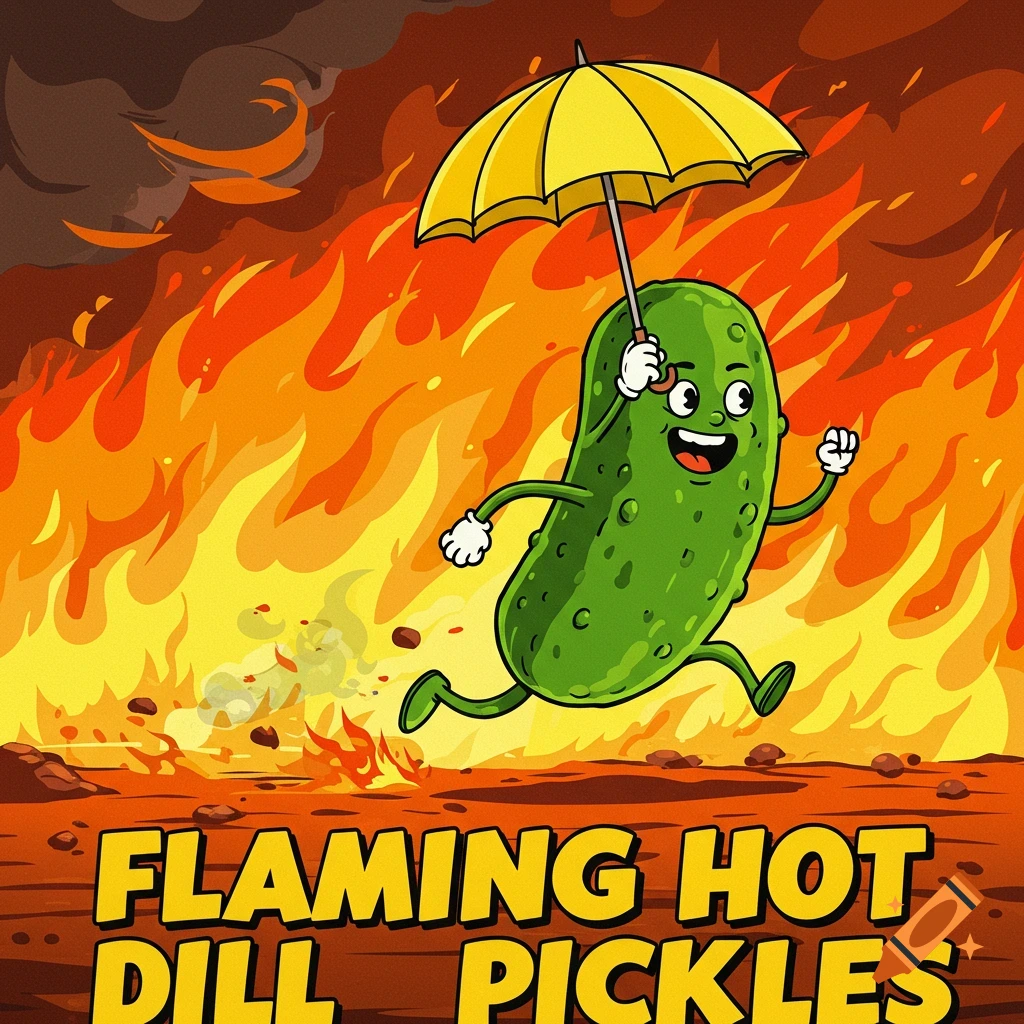 Pickle running with flames and a yellow umbrella on Craiyon
