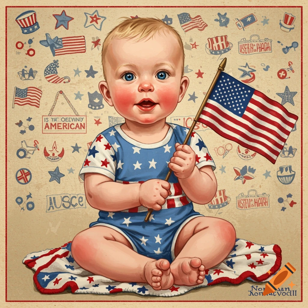 Illustration of a patriotic baby holding an American flag. on Craiyon