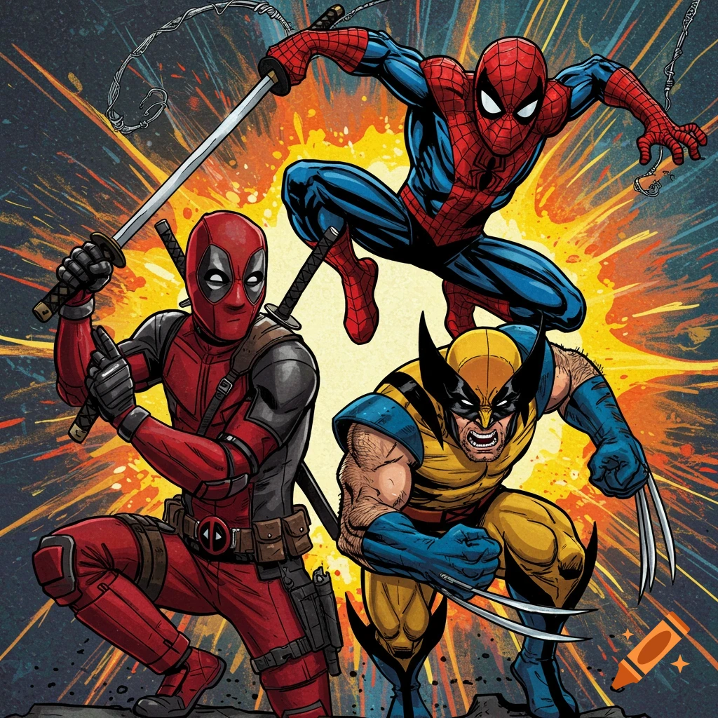 Comic book style illustration of Spider-Man, Superman, and two Batmen ...