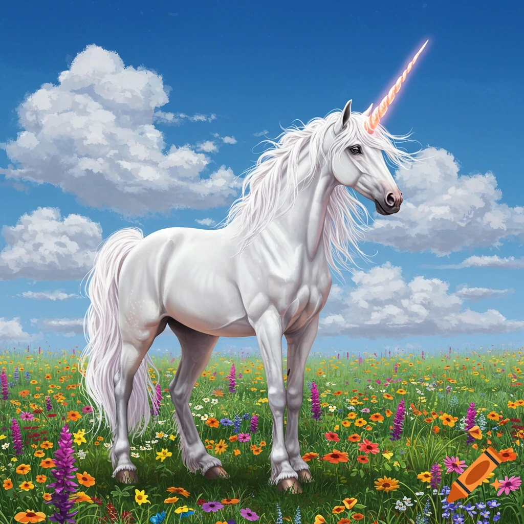 A white unicorn stands near a campfire with a bald man under a starry night sky in a forest. on ...