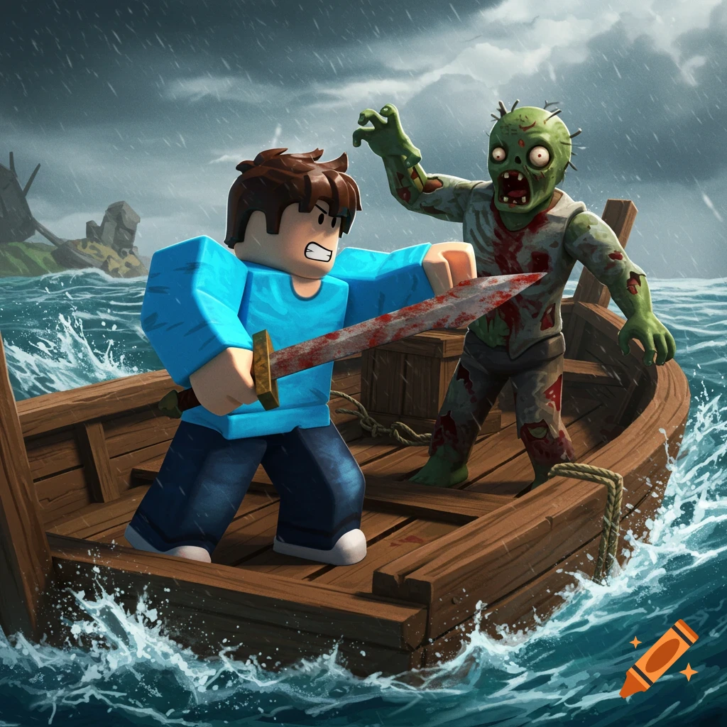 A Roblox character stands on a beach near a house by the sea in a ...