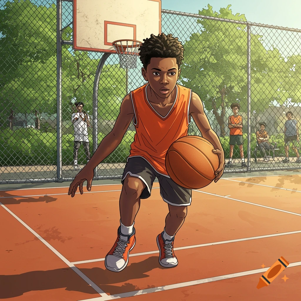 Black boy dribbling a basketball on an outdoor court in comic book ...