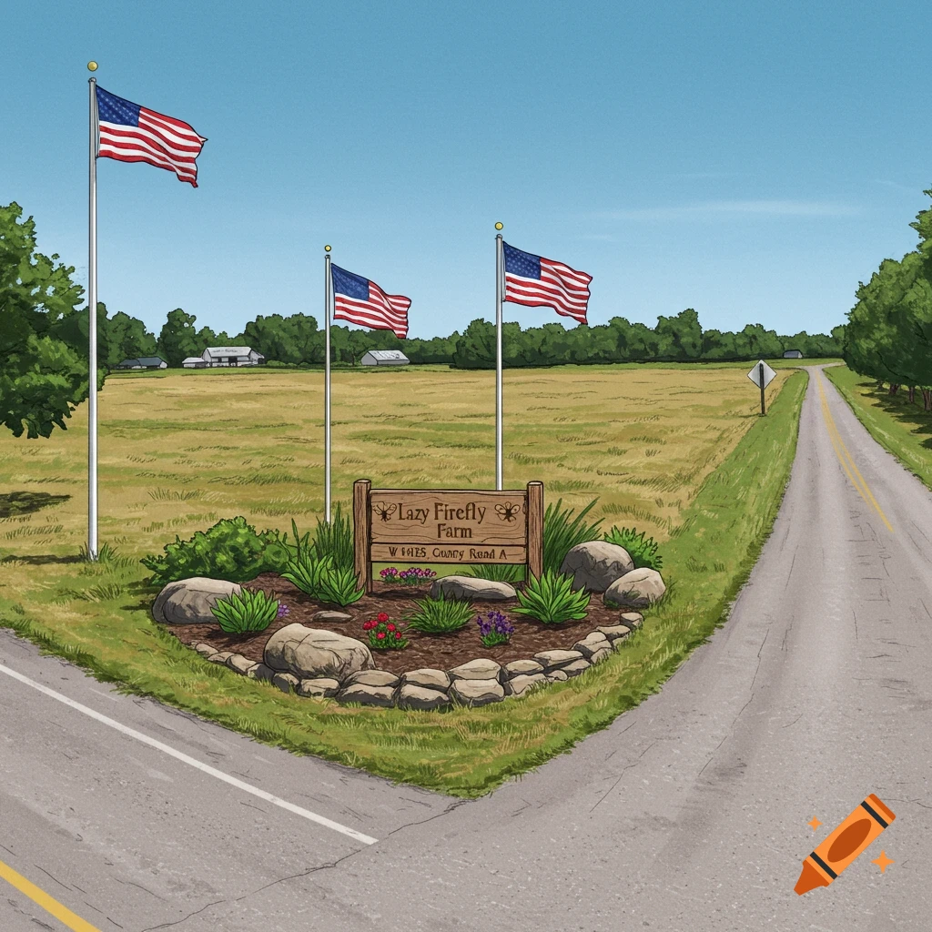 Lazy Firefly Farm sign at corner lot with landscaping and US flag on ...