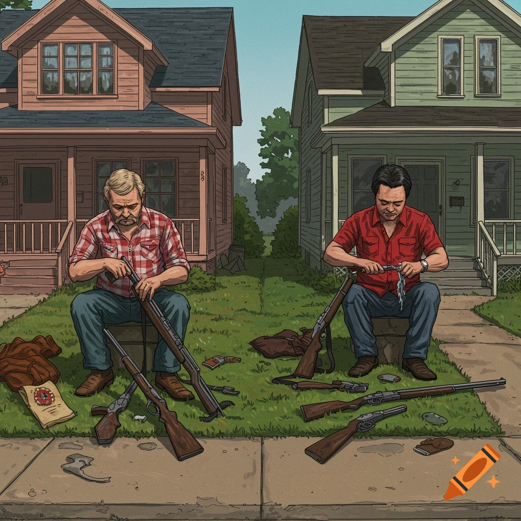 Southern themed scene with two redneck gentlemen cleaning guns in ...