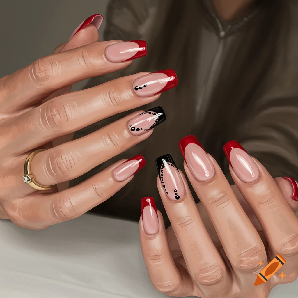 Red French tip nails with black accents on Craiyon