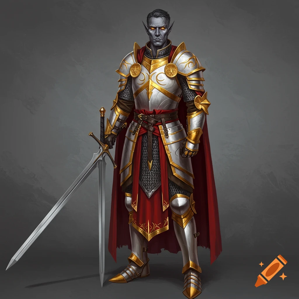 A dark elf paladin in ornate silver, gold, and red armor, holding a long sword. on Craiyon