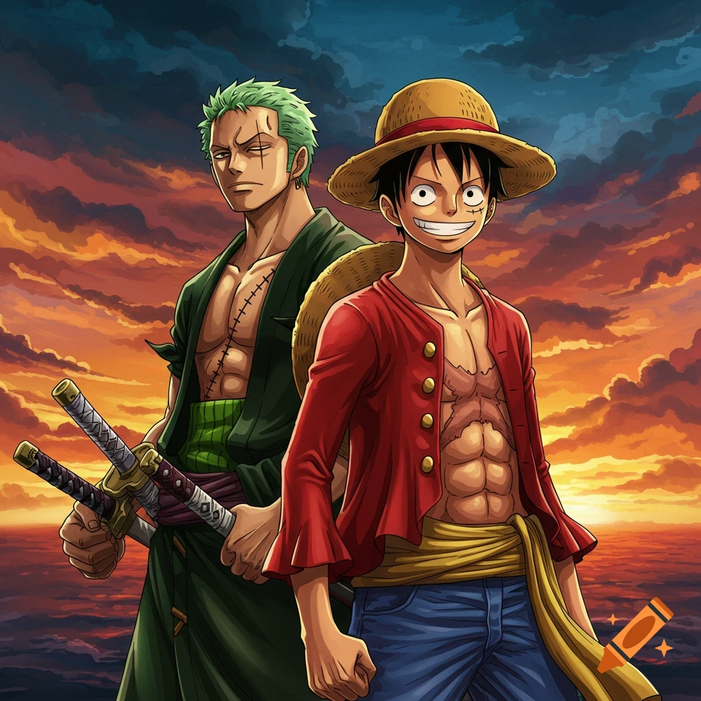 Anime characters Luffy and Zoro from One Piece stand against a sunset ...