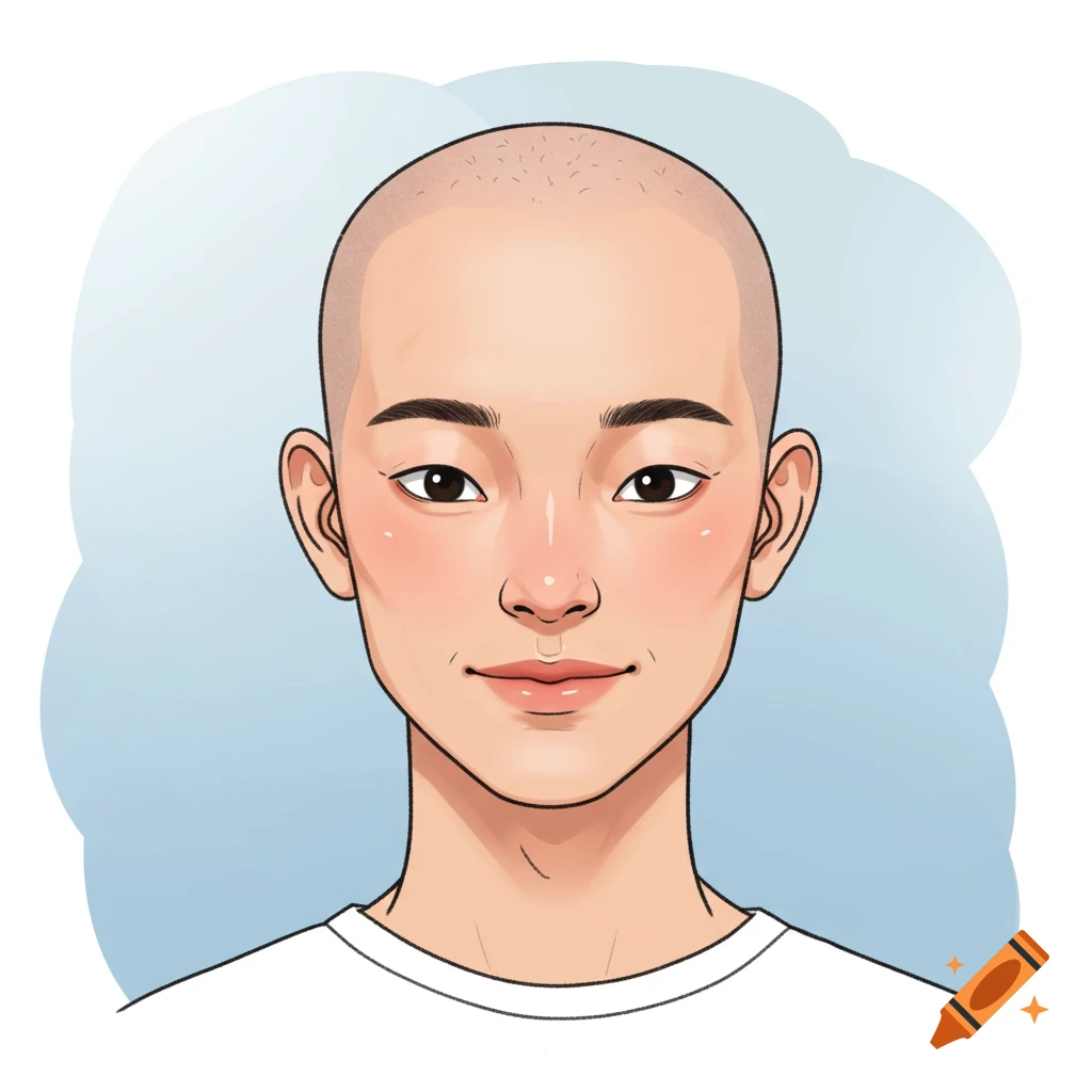 Cartoon headshot of an Asian man with a shaved head smiling peacefully ...