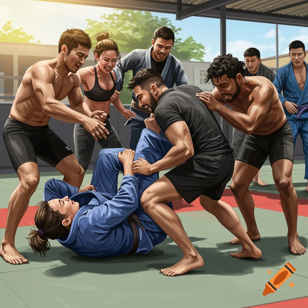 Diverse friends grappling in a Jiu Jitsu session at a gym. on Craiyon